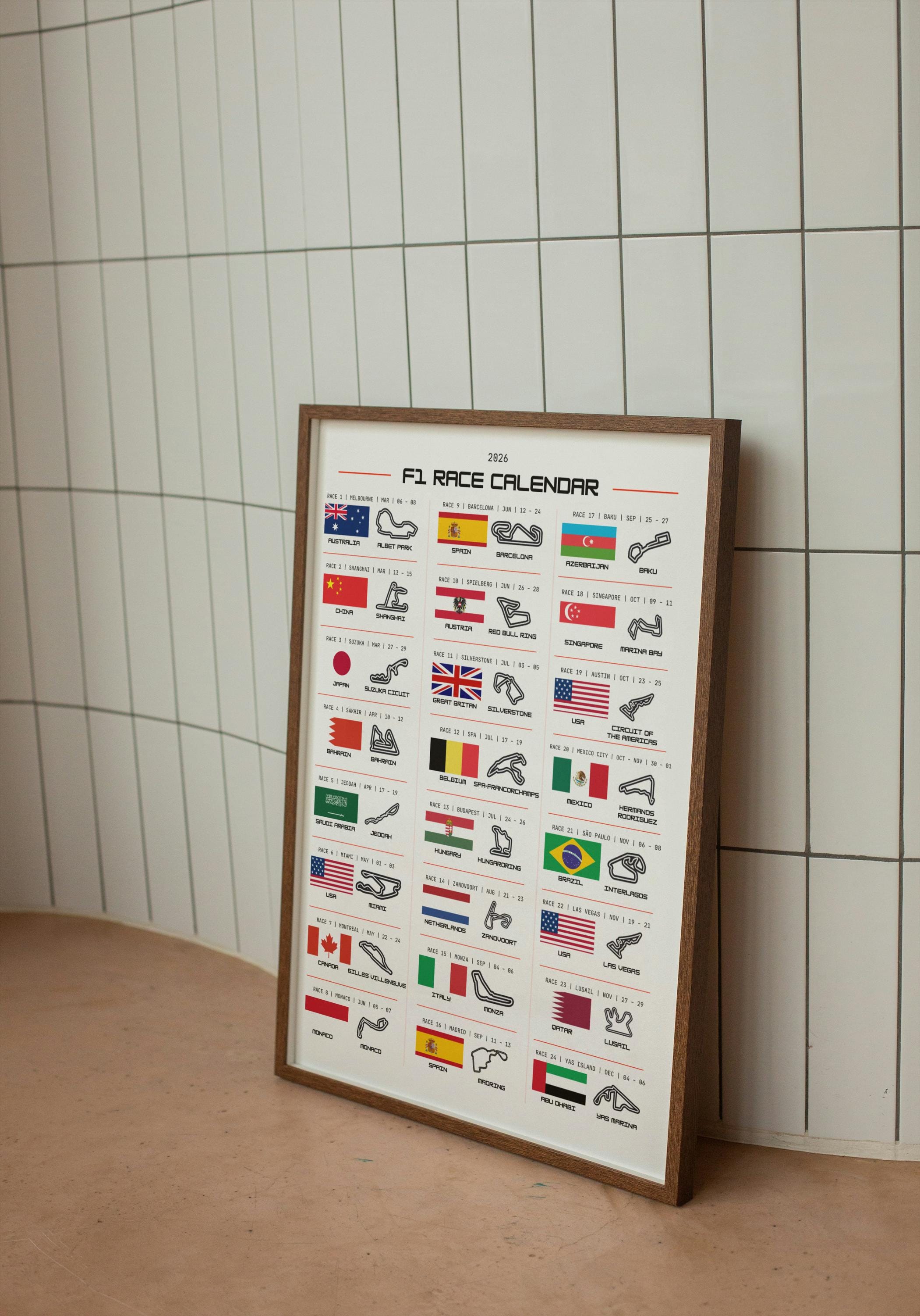 2026 Formula 1 Calendar Poster - F1 Race Schedule Wall Art - Motorsport ...