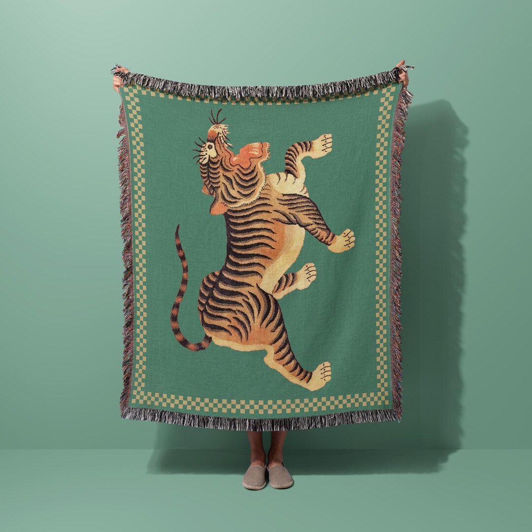 Tibetan Tiger Throw Blanket | Checkered Tiger Woven Throw | Woven Asian ...
