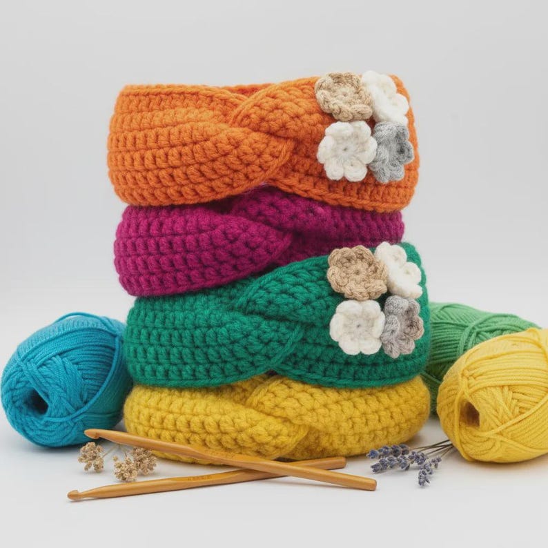 Chunky Crochet Headband Pattern, Twisted Ear Warmer, Flower Detail, PDF ...