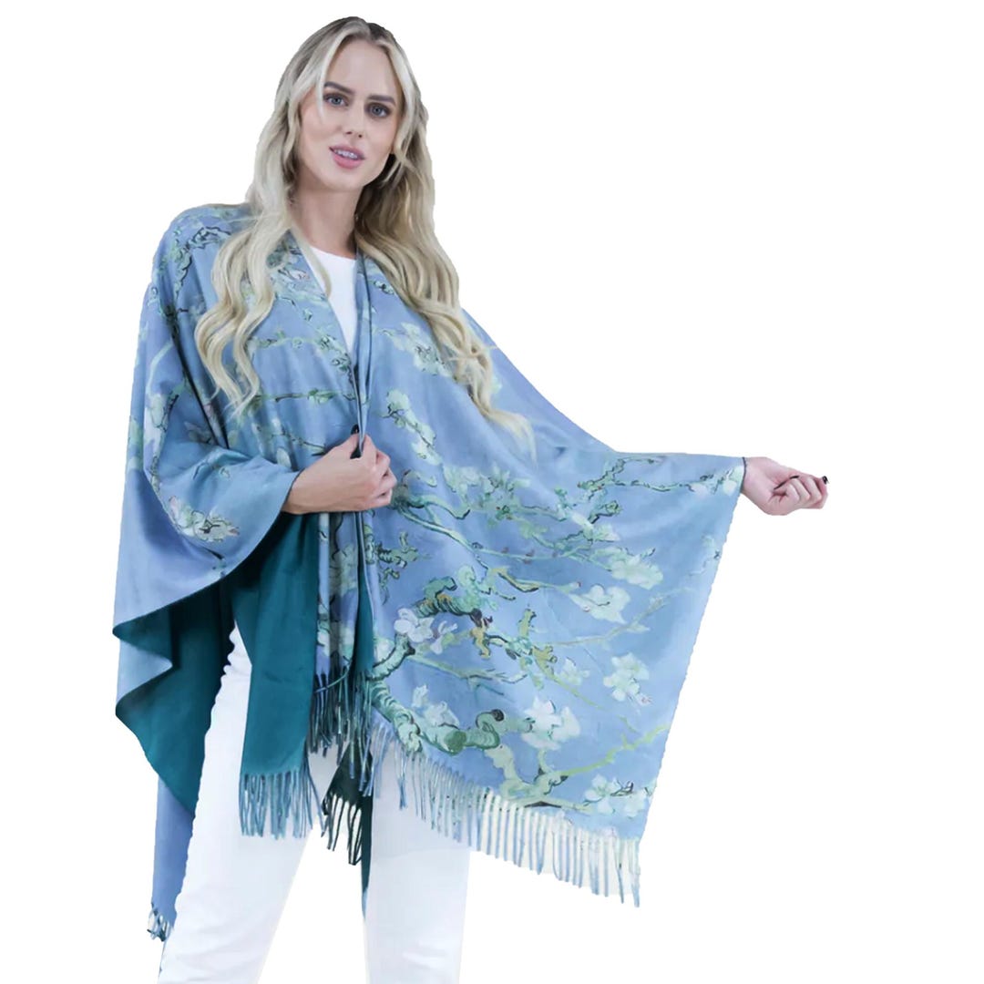 Blue Almond Blossom Ruana Wrap – Artistic Floral Shawl, Lightweight ...