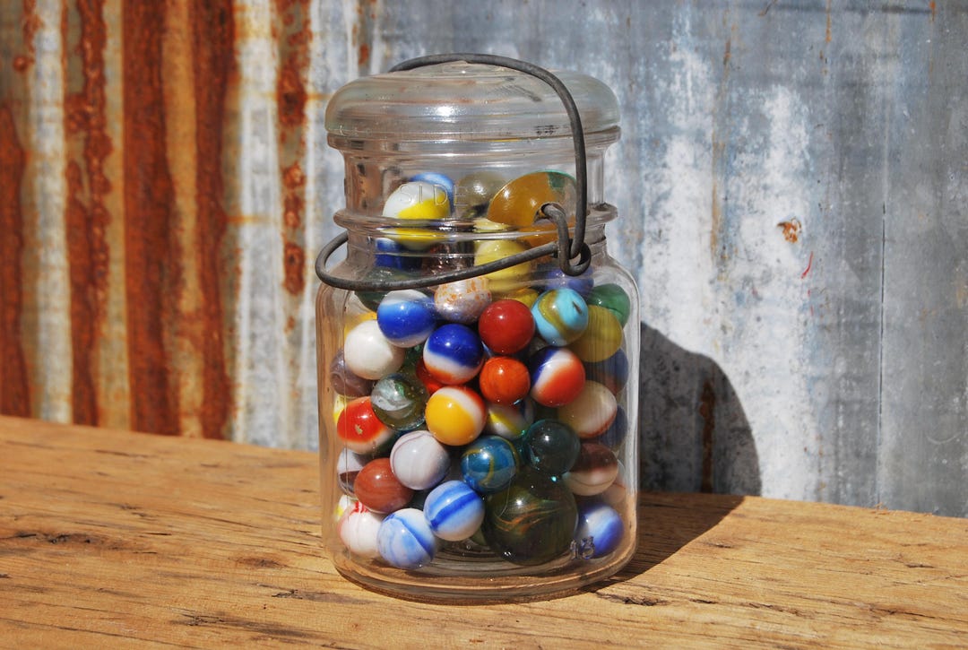 120 Antique Marbles in a Ball Ideal Mason Jar, Old Glass Toy Marbles ...