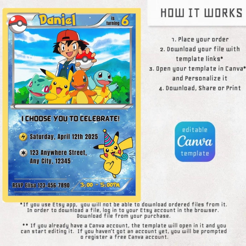 Pokemon Birthday Invitation Card | Editable Canva Template | Printable ...