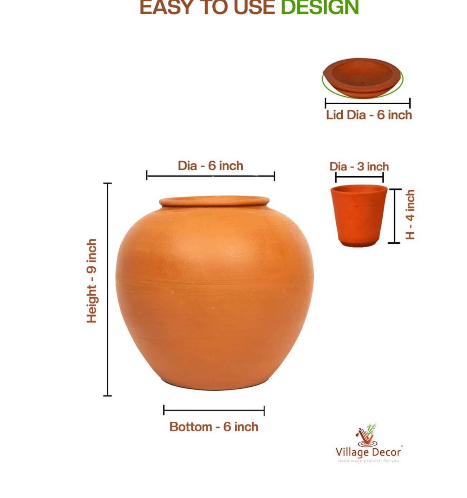 Handmade Terracotta Clay Water Pot With Lid & Cup | Natural Earthenware ...