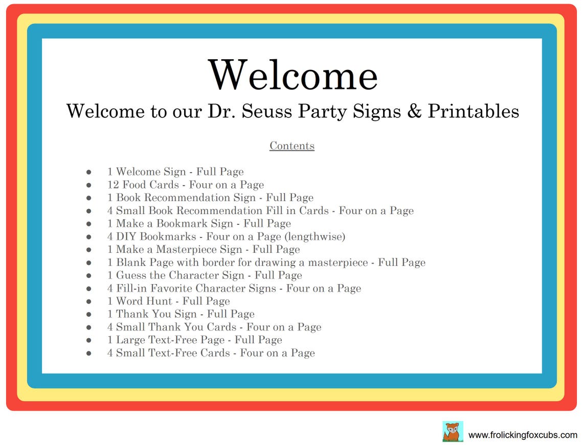 Dr. Seuss Party Printables: Signs, Food Labels, Activities - Etsy