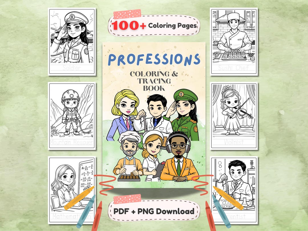 100 Jobs & Careers Printable Coloring Book With Tracing, Cute Learning ...