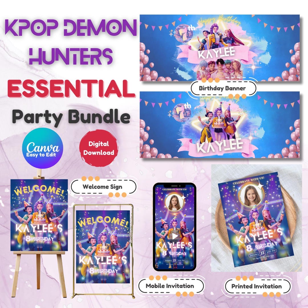 KPOP Demon Hunters Birthday Party Bundle: Editable Canva Templates ...