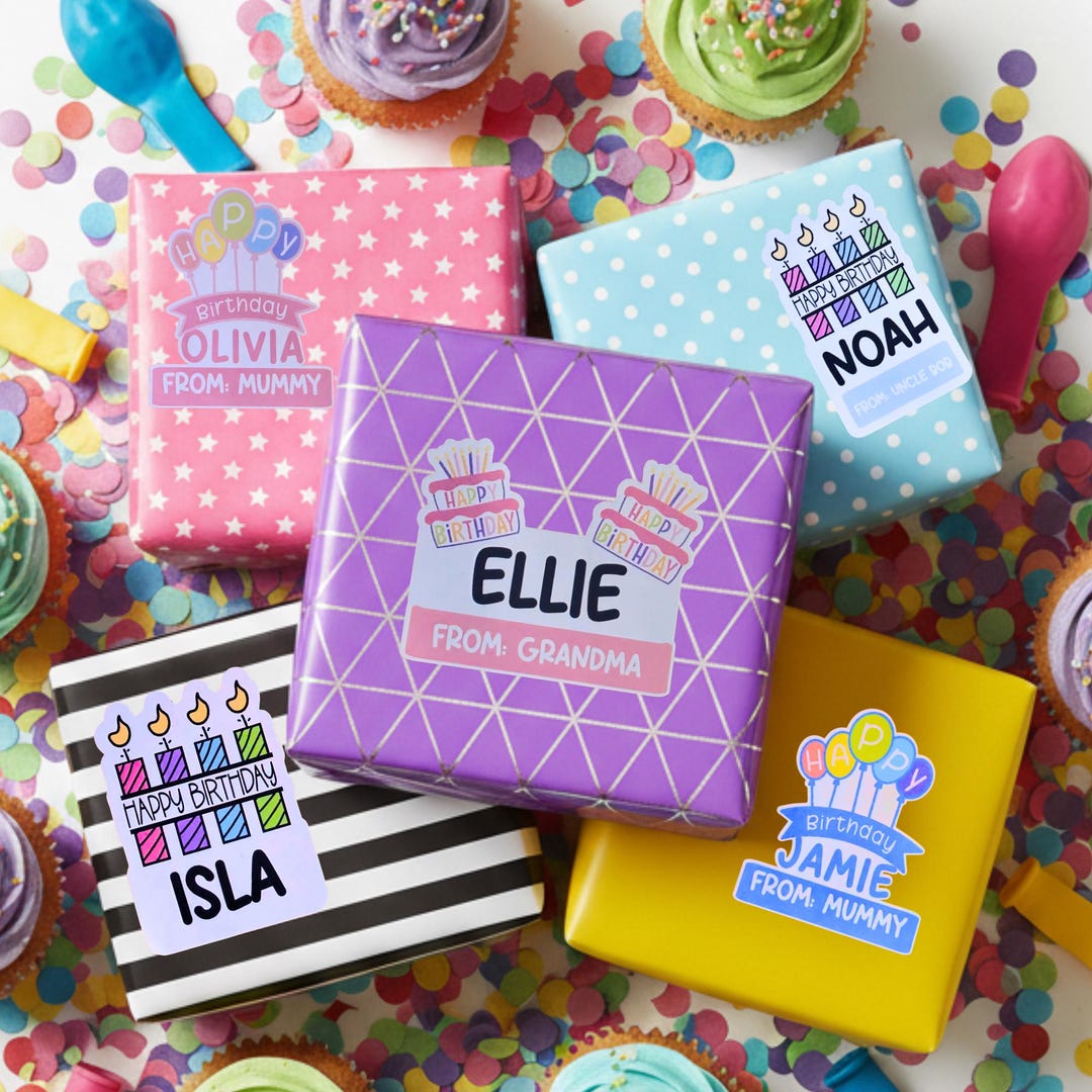 4 Personalised Birthday Labels for Presents – 5 Fun Designs! - Etsy