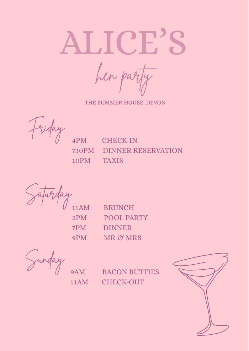 Pink Hen Do Itinerary & Packing List | Digital Editable Template ...