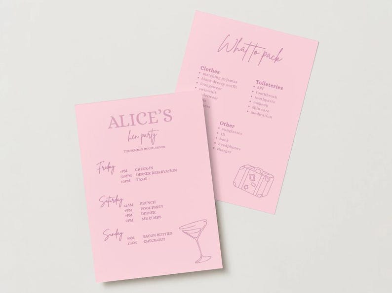 Pink Hen Do Itinerary & Packing List | Digital Editable Template ...