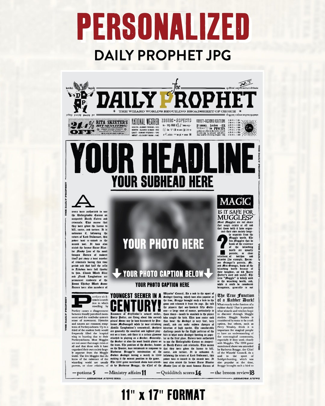 Custom Daily Prophet Front Page JPG 11x17 Potter Save the Date Potter ...
