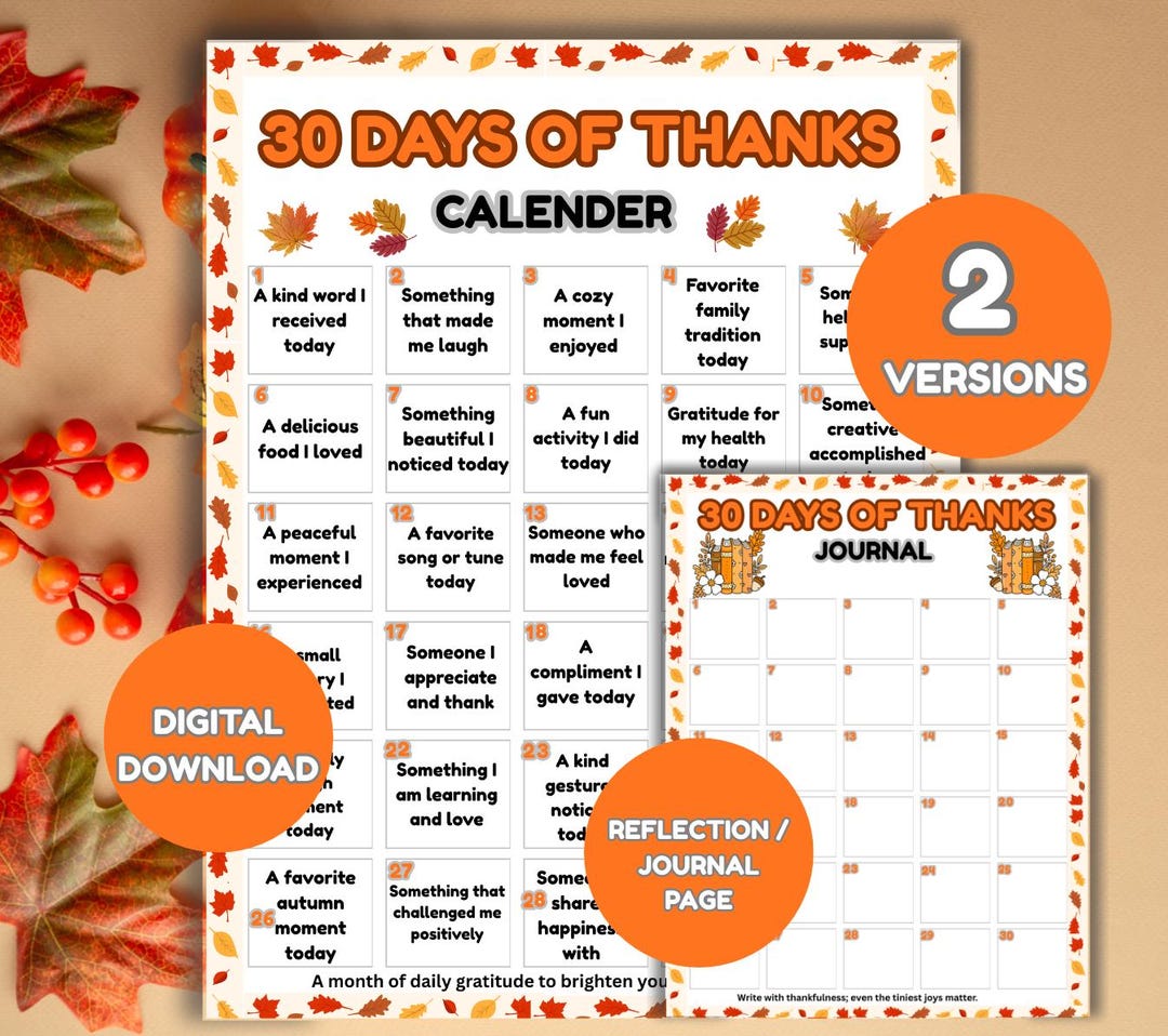 30 Days of Gratitude Challenge Calendar | Thanksgiving Activity Journal ...