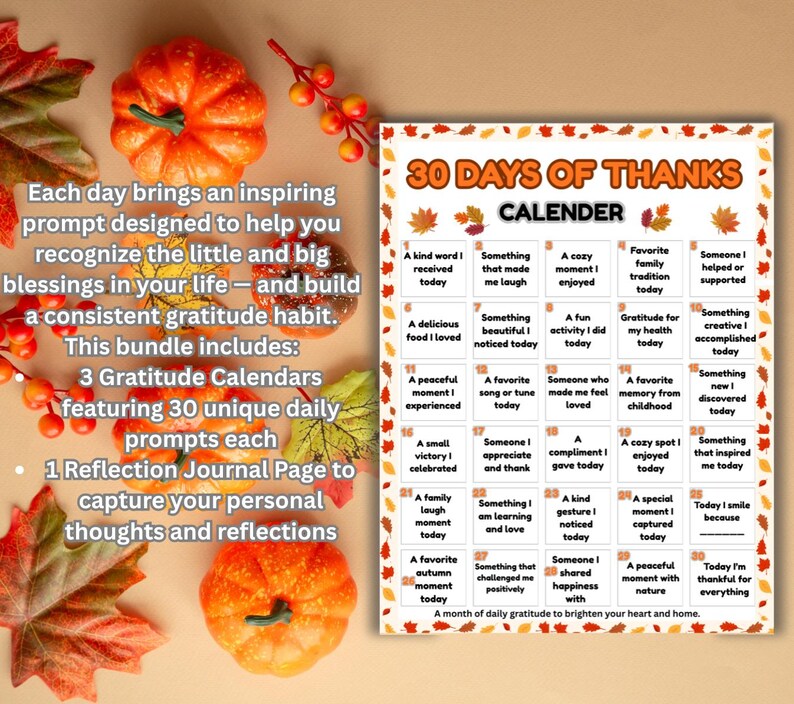 30 Days of Gratitude Challenge Calendar | Thanksgiving Activity Journal ...