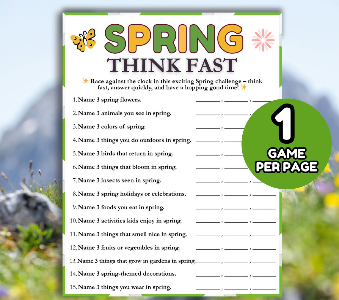Spring Think Fast Game, Fun Printable Spring Game for Kids Adults ...