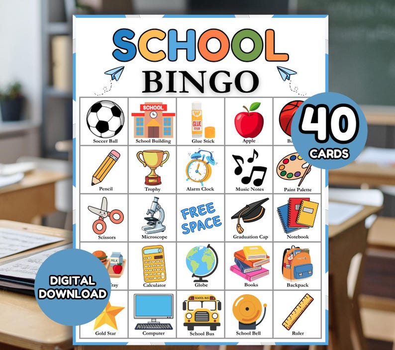 Printable School Bingo Game, Kids Classroom End of Year Activity Pack ...