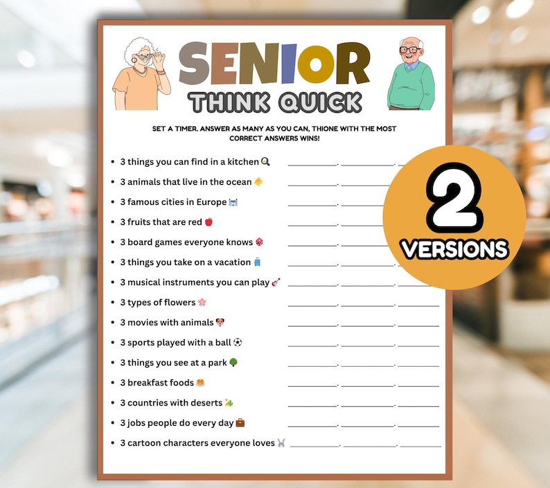 Senior Think Quick Trivia, Family Game Night, Retirement Games ...