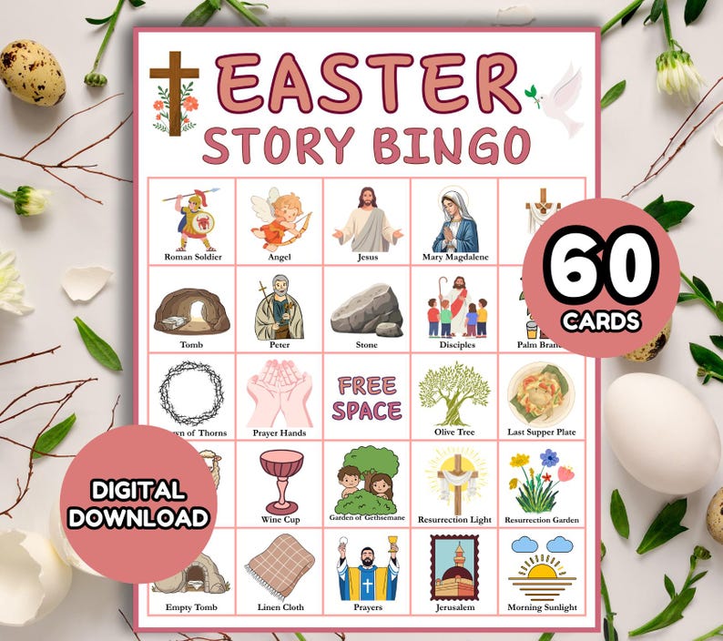 Easter Story Bingo, 60 Religious Easter Bingo Cards, Easter Bible Bingo ...