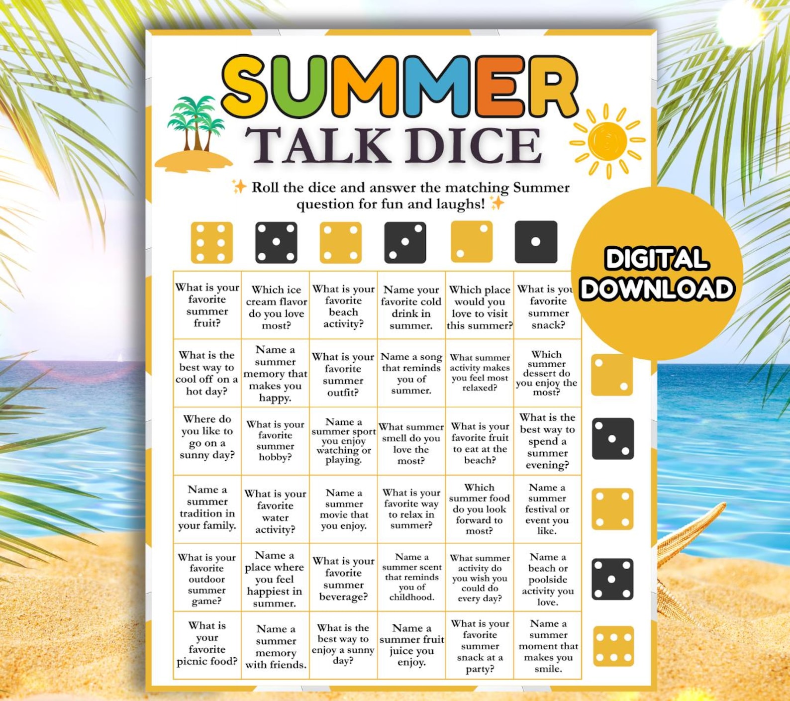 Summer Talk Dice Game Printable | Summer Conversation Game | Summer ...