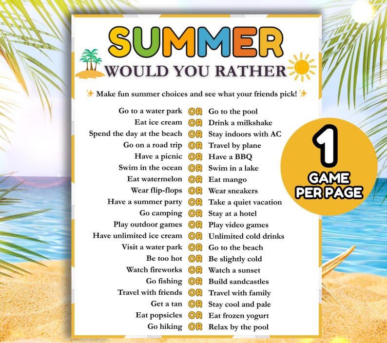 Summer Would You Rather Game Printable | Summer Fun Choices | Summer ...