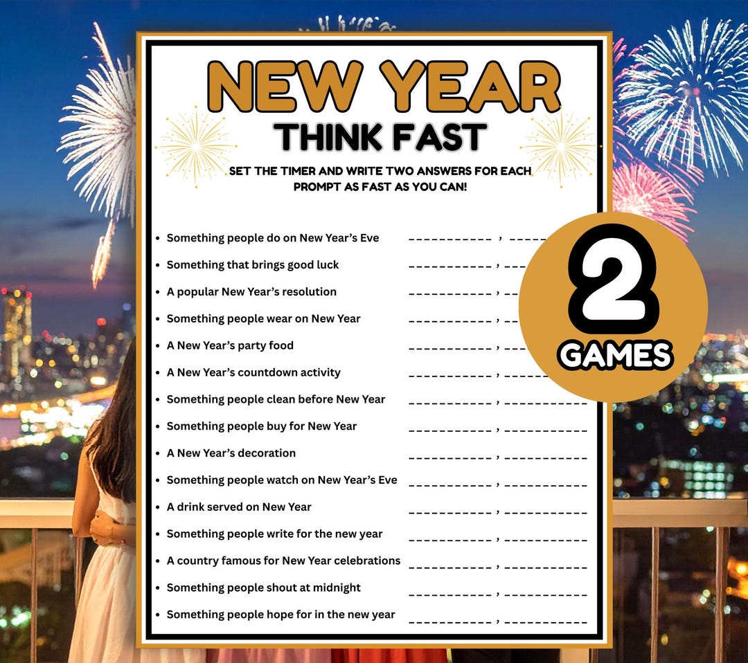 New Years Think Fast Game Printable, NYE Quick Trivia Quiz, Fast Paced ...