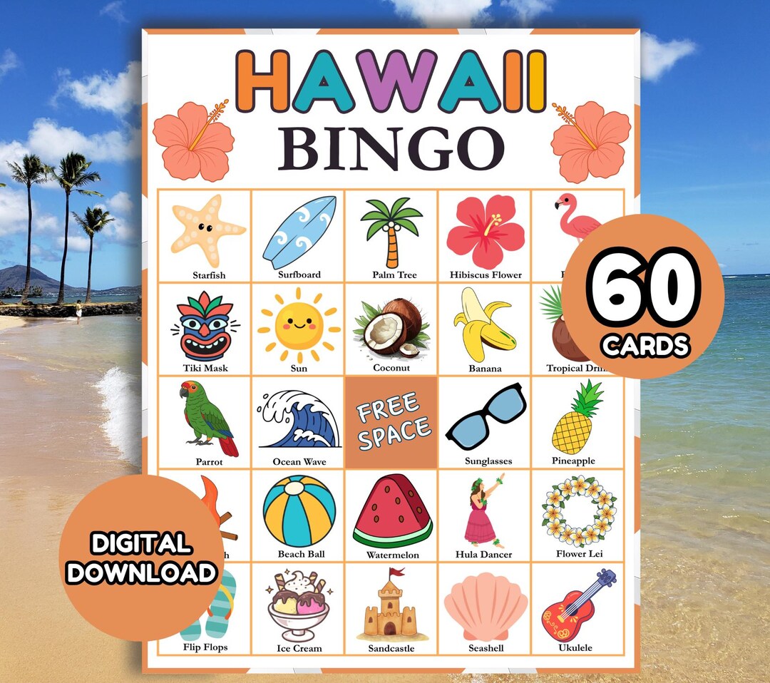 Hawaii Bingo, 60 Hawaii Bingo Cards, Luau Bingo, Aloha Bingo, Luau ...