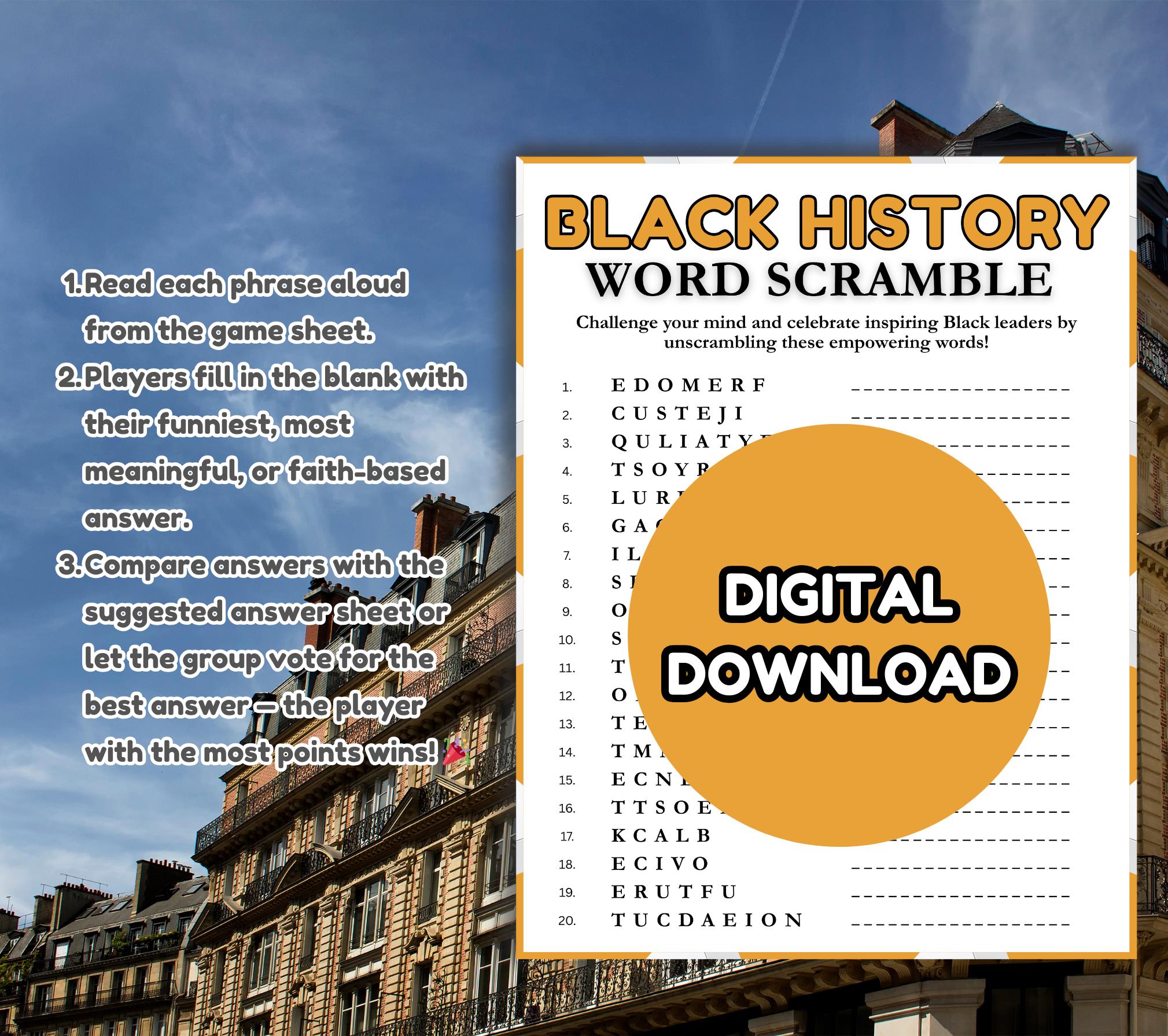 Black History Word Scramble Game, Funny Black Family Reunion Game for ...