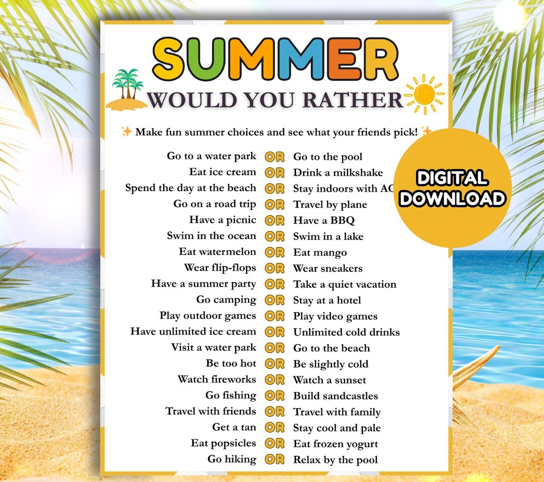 Summer Would You Rather Game Printable | Summer Fun Choices | Summer ...