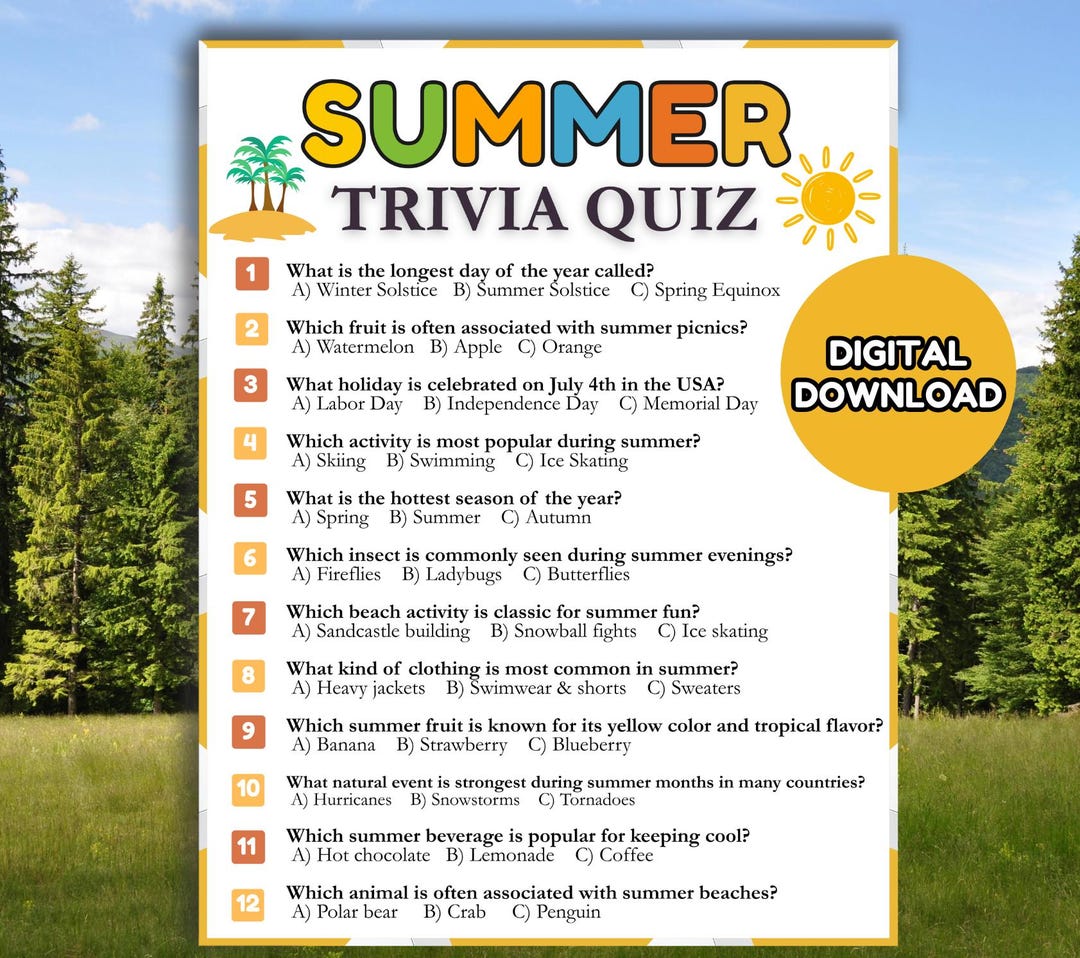 Summer Trivia Game Printable, Fun Summer Quiz for Kids & Adults, 12 ...