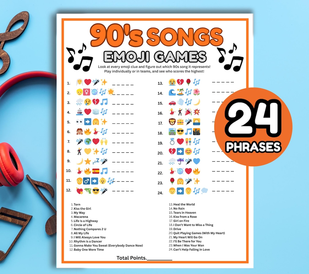 Emoji Song Game 90s Songs Emoji Printable Party Game 90s Music Trivia ...