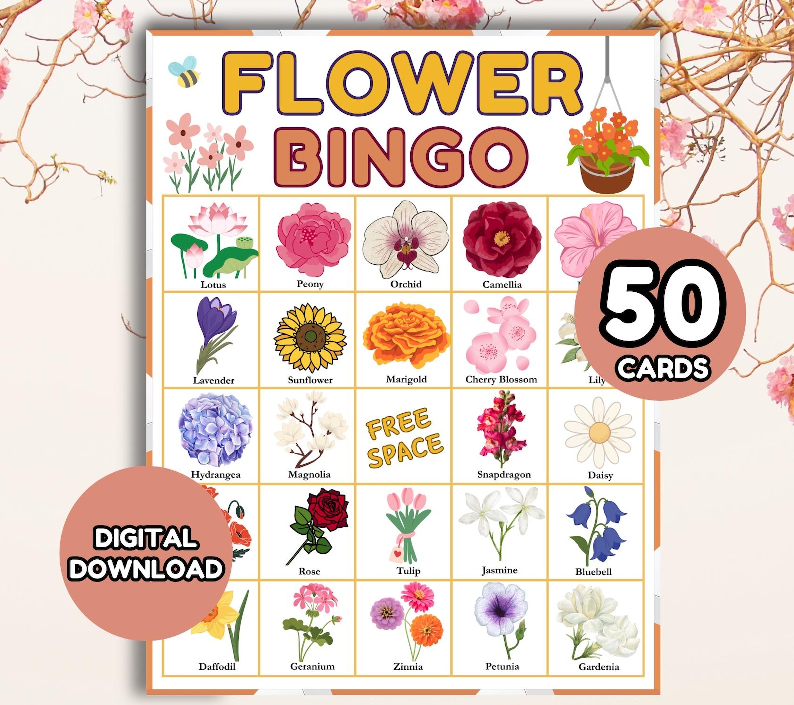 Flower Bingo, Spring Bingo, Garden Bingo, 50 Printable Flower Bingo ...