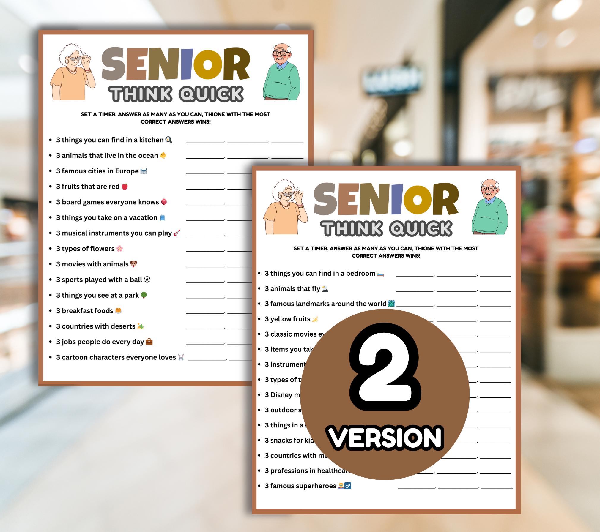 Senior Think Quick Trivia, Family Game Night, Retirement Games ...