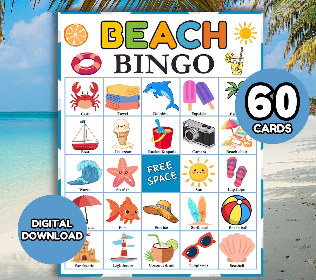 Beach Bingo, 60 Printable Beach Bingo Cards, Summer Bingo, Fun in the ...