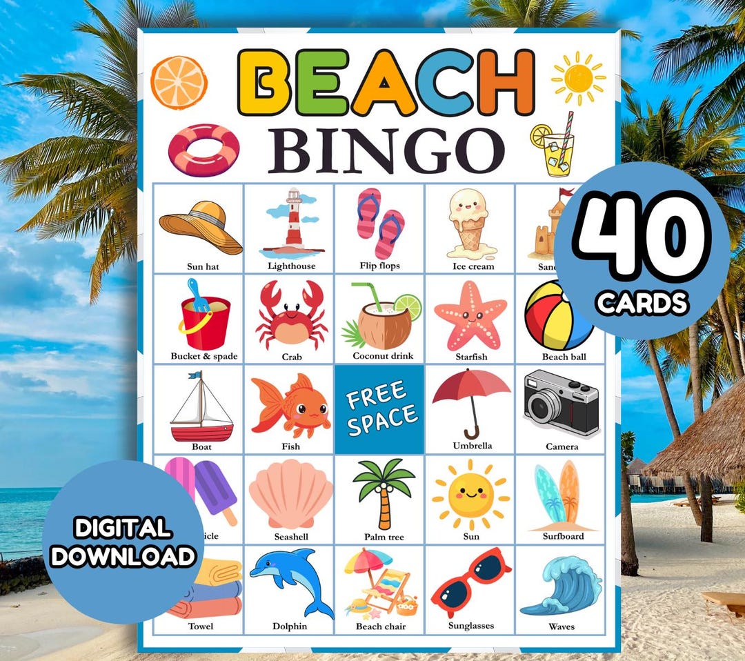 40 Beach Bingo Cards for Kids | Printable Summer Vacation Activity ...