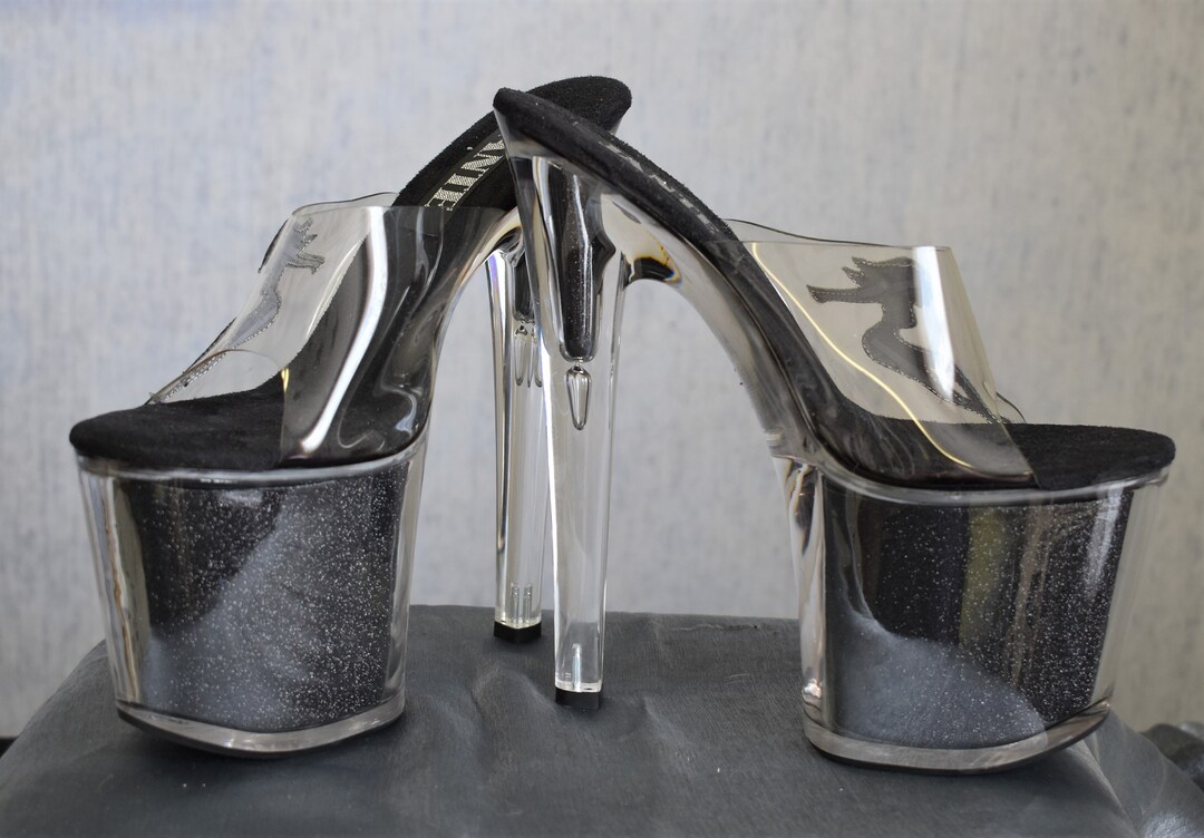 90s 8 Mud Flap Girl Lucite Platforms Stripper CFM Shoes Clear Black ...