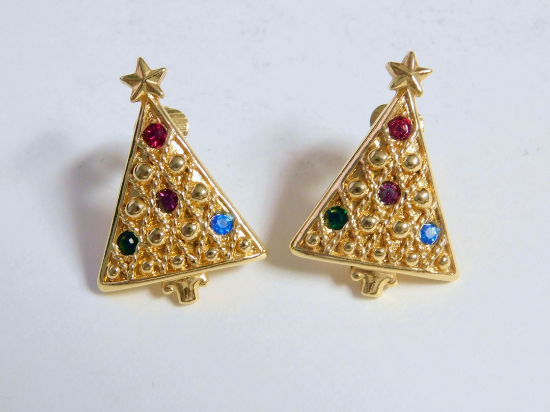 Vintage Avon Tree Dangle Pierced Earrings Christmas, Goldtone ...