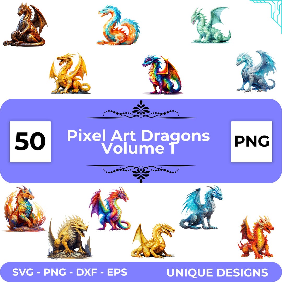 Pixel Art Dragons Clipart Bundle: Magical PNG Images, Cut File, Dragon ...