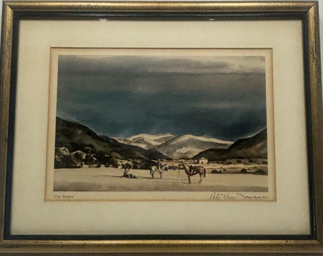 Framed Western Cowboy Art — “the Ropers” Signed by Peter Hurd — Vintage ...