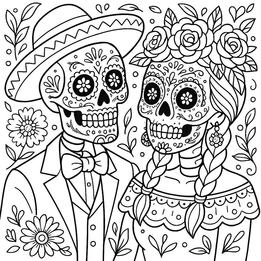 Day of the Dead Coloring Page – Mexican Sugar Skull Couple – Dia De Los ...