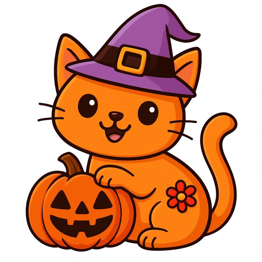 Halloween Cat Coloring Page: Witch Hat, Pumpkin - Kids Printable ...