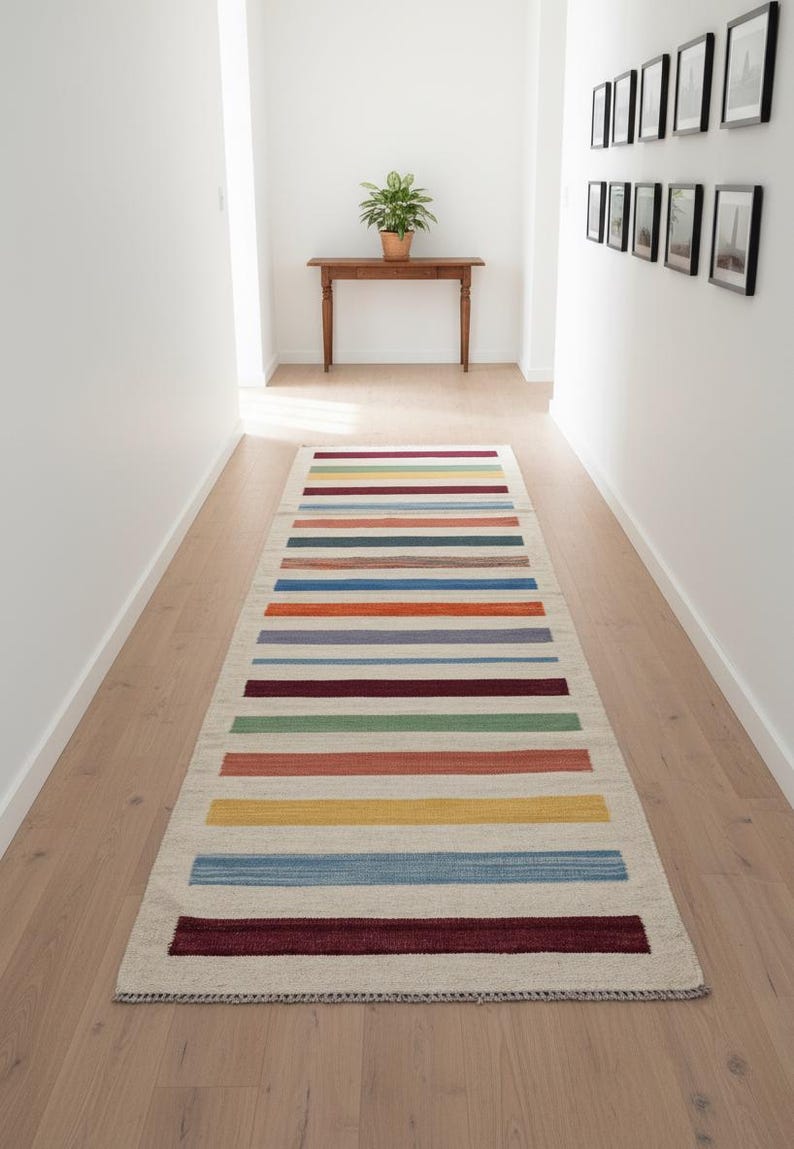 Striped Wool Runner Rug: Colorful Flatweave Kilim, Hallway & Kitchen (2 ...