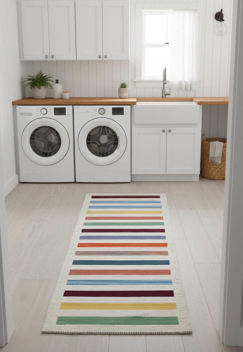 Striped Wool Runner Rug: Colorful Flatweave Kilim, Hallway & Kitchen (2 ...