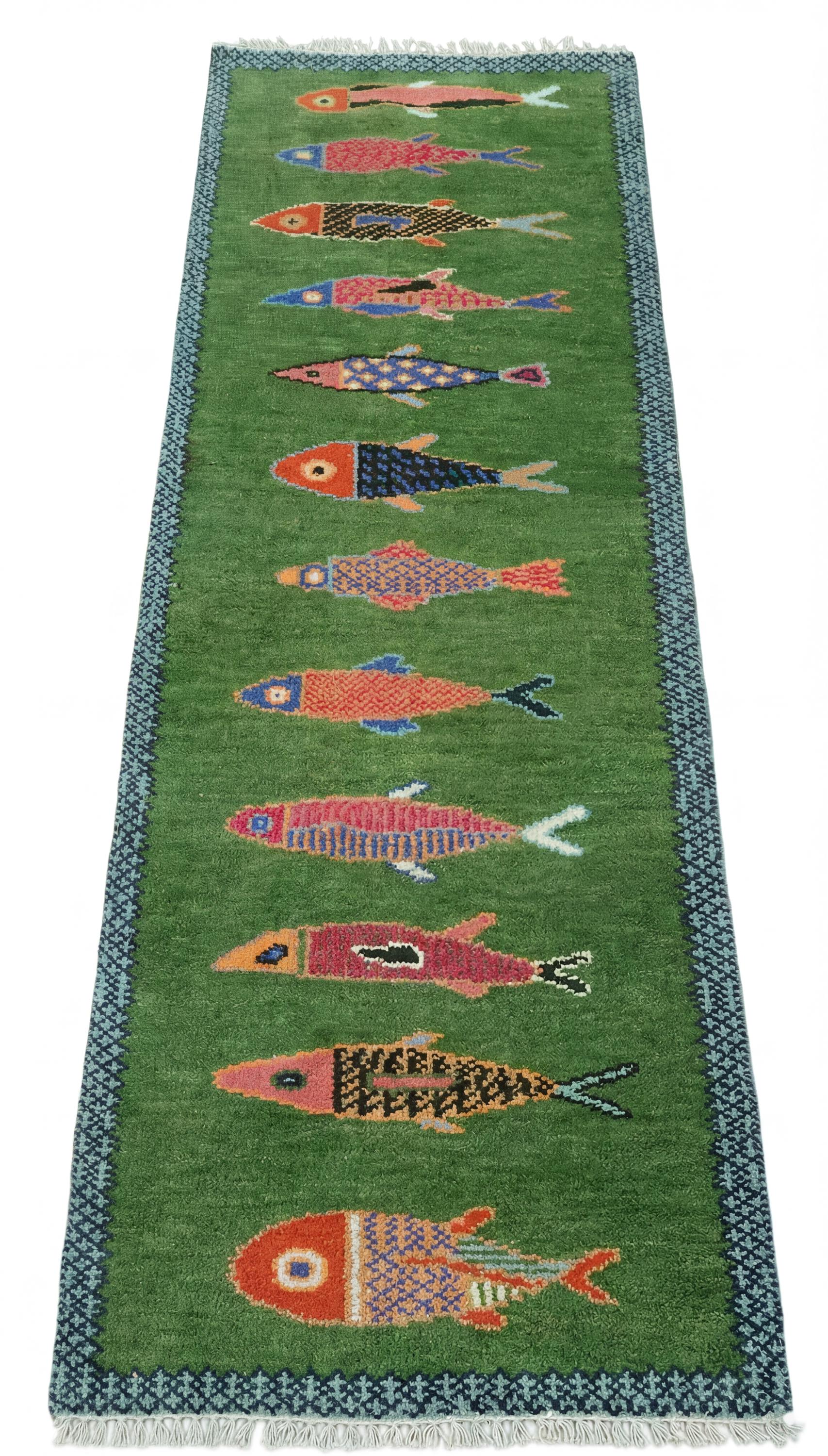 Handmade Wool Koi Fish Runner Rug: Green Colorful Flatweave for Hallway ...