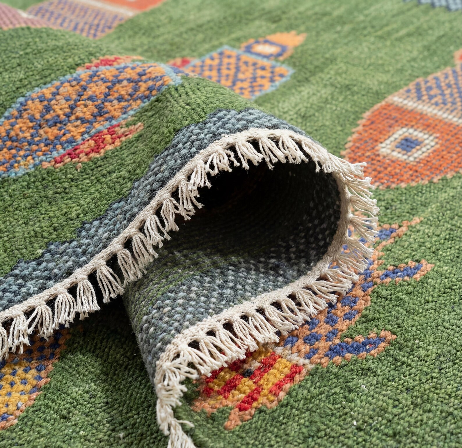 Handmade Wool Koi Fish Runner Rug: Green Colorful Flatweave for Hallway ...