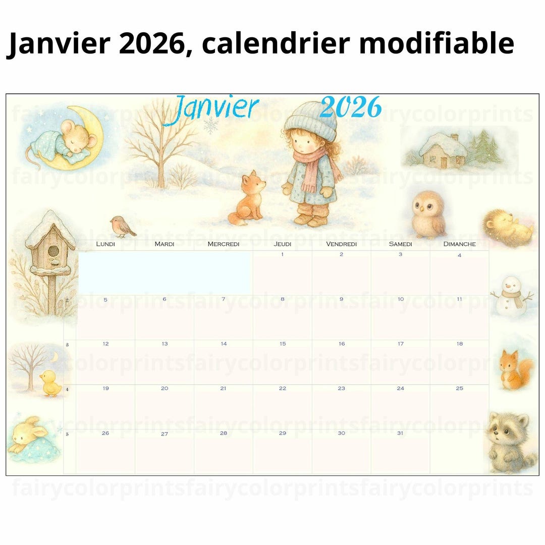 Editable Calendar January 2026, Watercolor Woodland Animals, Cute ...