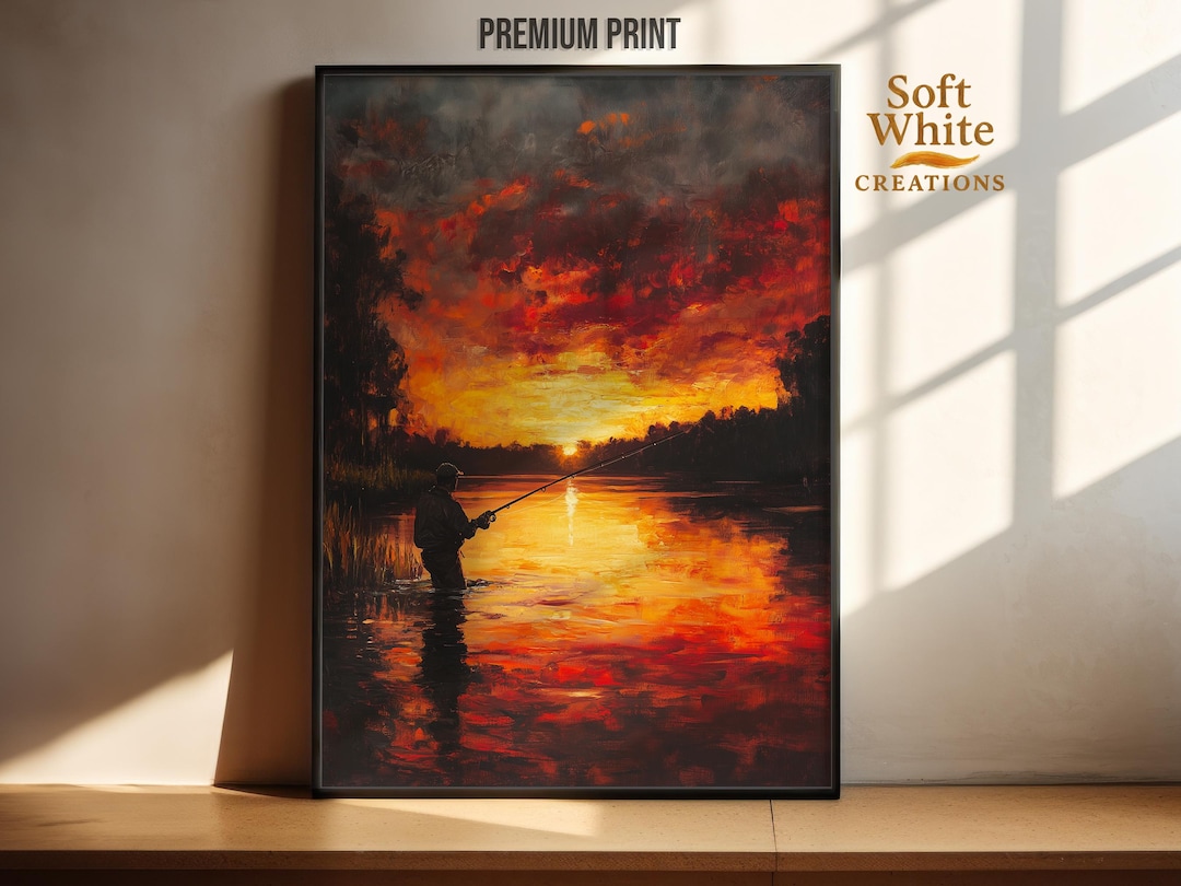 Sunset Fishing Art Print | Angler Landscape Painting | Fly Fishing Wall ...