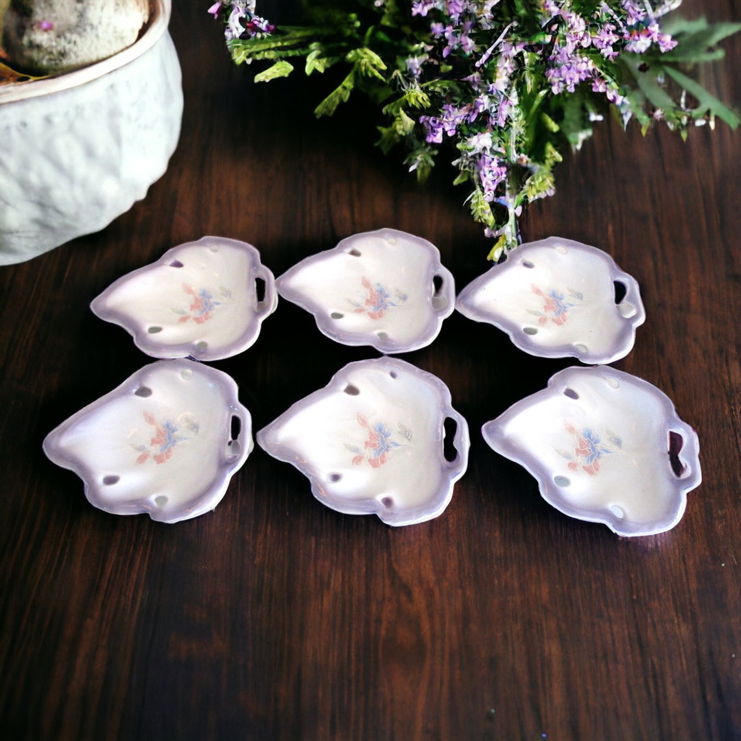 Vintage Stipo Dorohoi Romanian Set of 6 Porcelain Leaf Shaped Open Salt ...