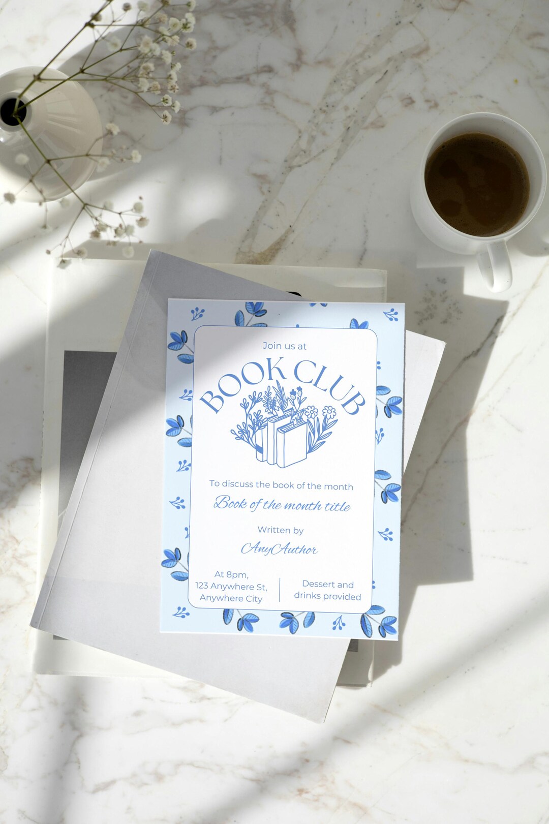 Blue Floral Book Club Invitation Template - 5x7 Editable Design ...