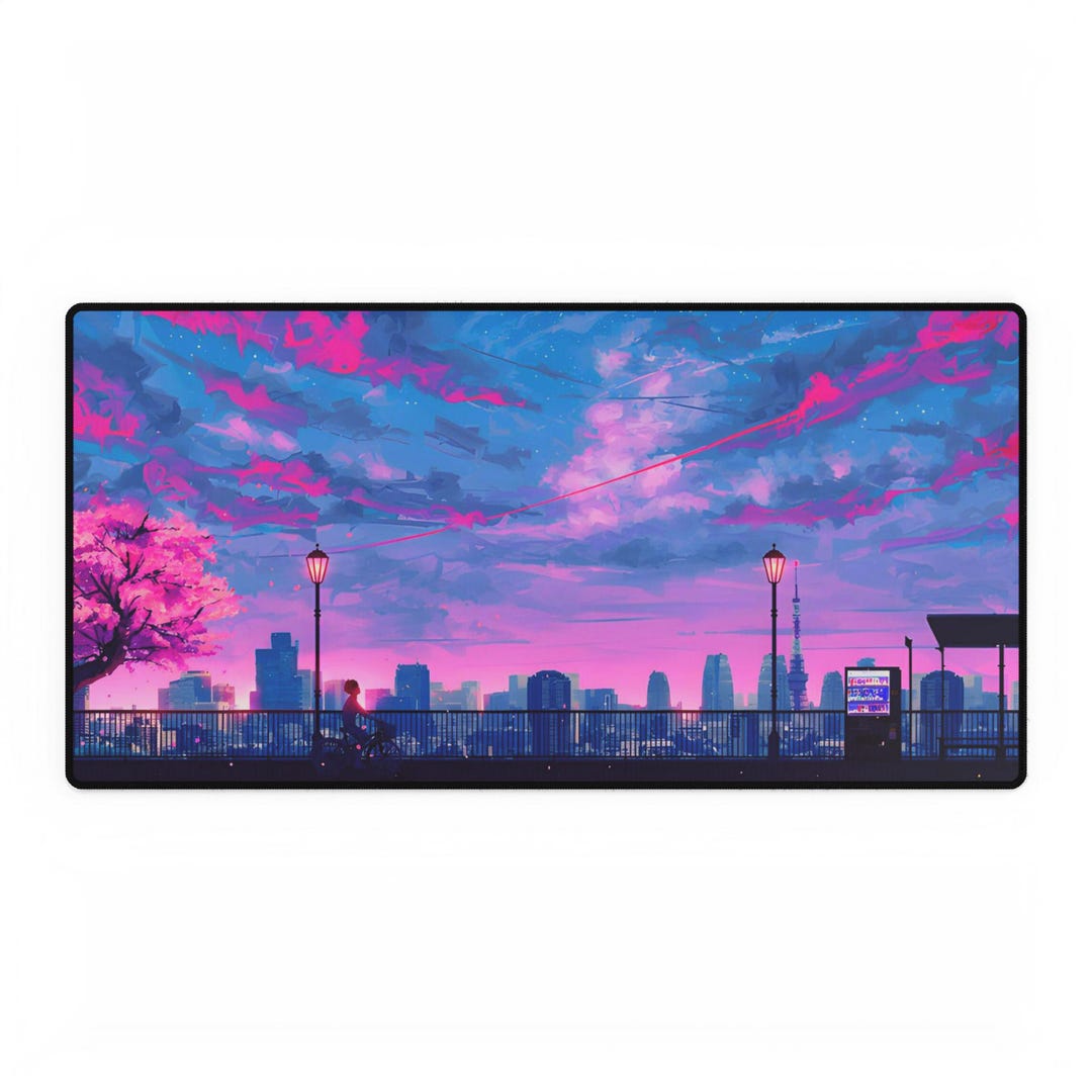 Cherry Blossom Skyline Desk Mat, Aesthetic Purple RGB Gaming Mouse Pad ...
