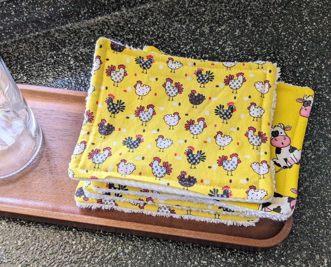 Cow & Chicken Dish Sponge Set: Yellow Reusable Kitchen Cloths - Etsy