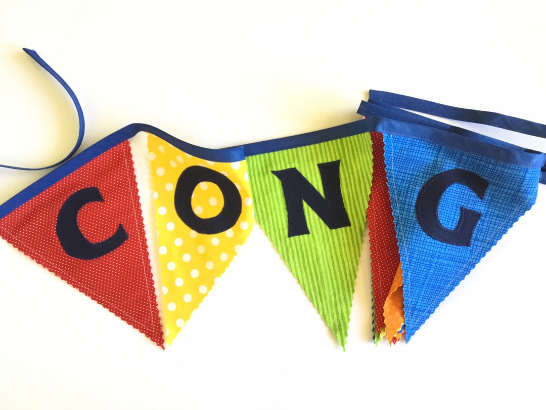 CONGRATULATIONS Fabric Banner/ Bunting in Blue, Red, Orange, Green ...