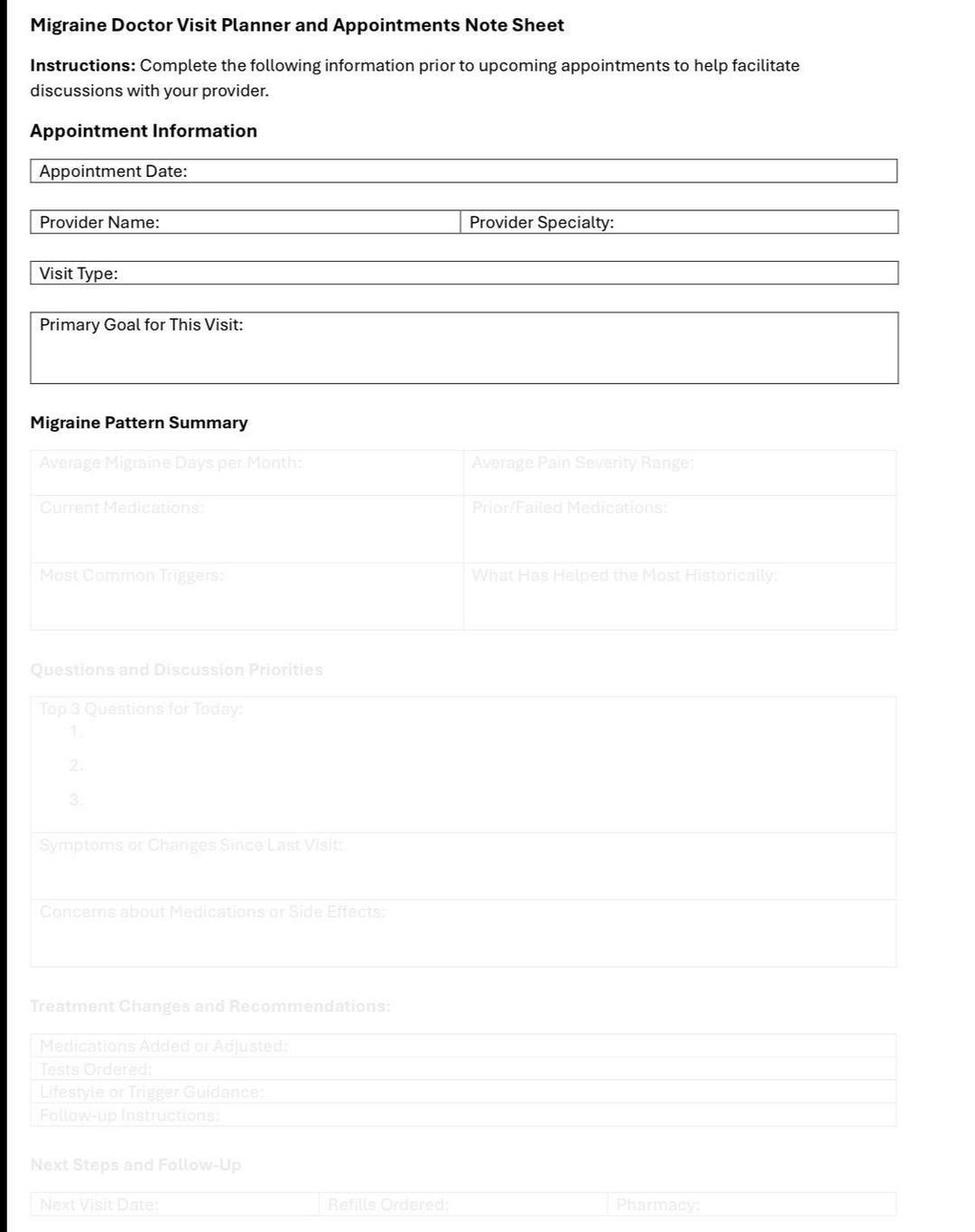Migraine Doctor Visit Planner and Appointments Note Sheet - Etsy